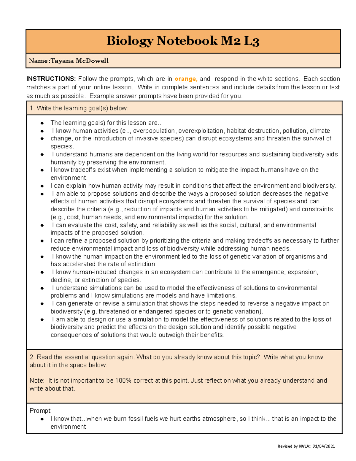 Copy of M2 L3 Notebook - assignments - Biology Notebook M2 L Name:Tayana McDowell INSTRUCTIONS ...
