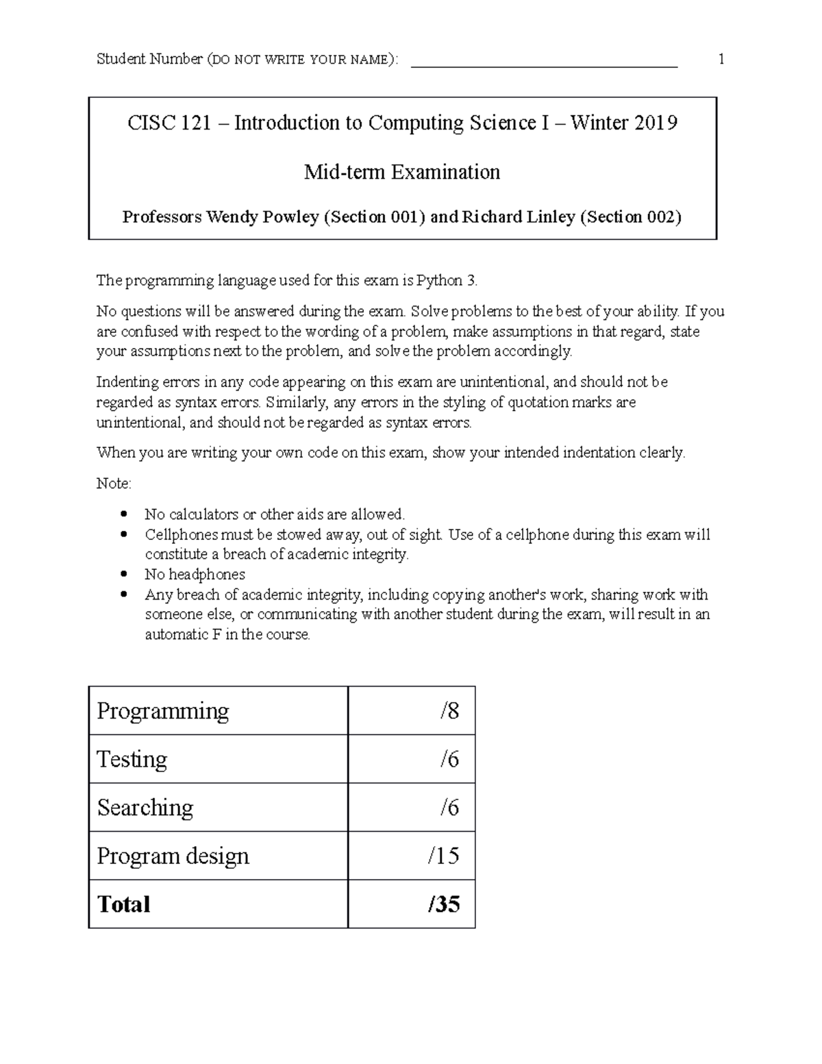 2019 Winter Midterm with Solutions - CISC 121 – Introduction to Computing Science I – Winter ...
