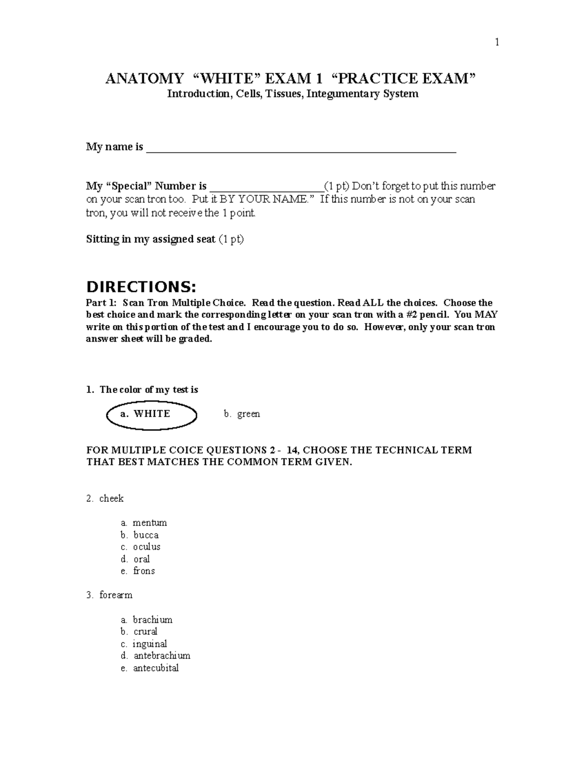 UNIT 1 Practice Lecture EXAM - ANATOMY “WHITE” EXAM 1 “PRACTICE EXAM ...