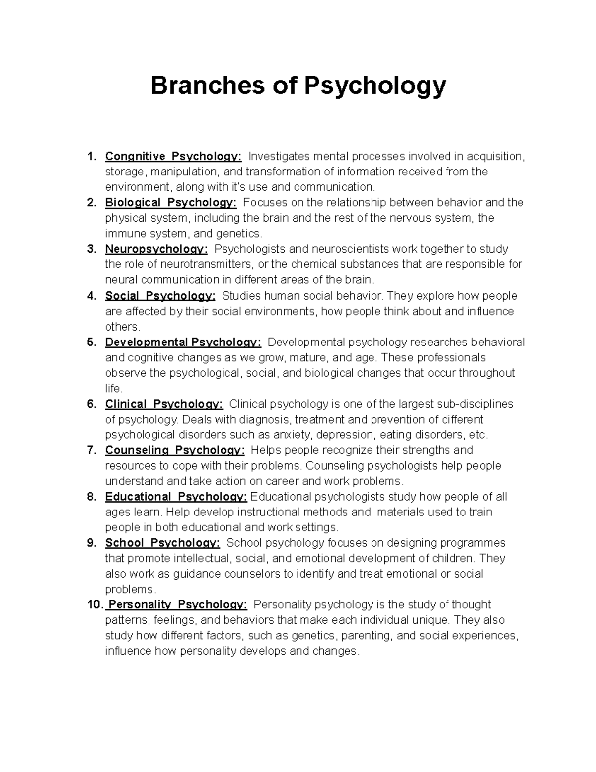 Branches Of Psychology - Congnitive Psychology: Investigates mental ...