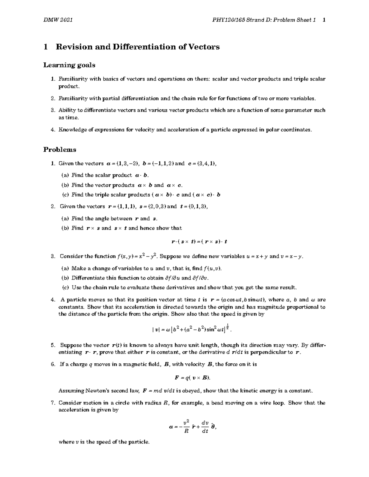 Pc1 - Practise Questions - DMW 2021 PHY120/165 Strand D: Problem Sheet ...