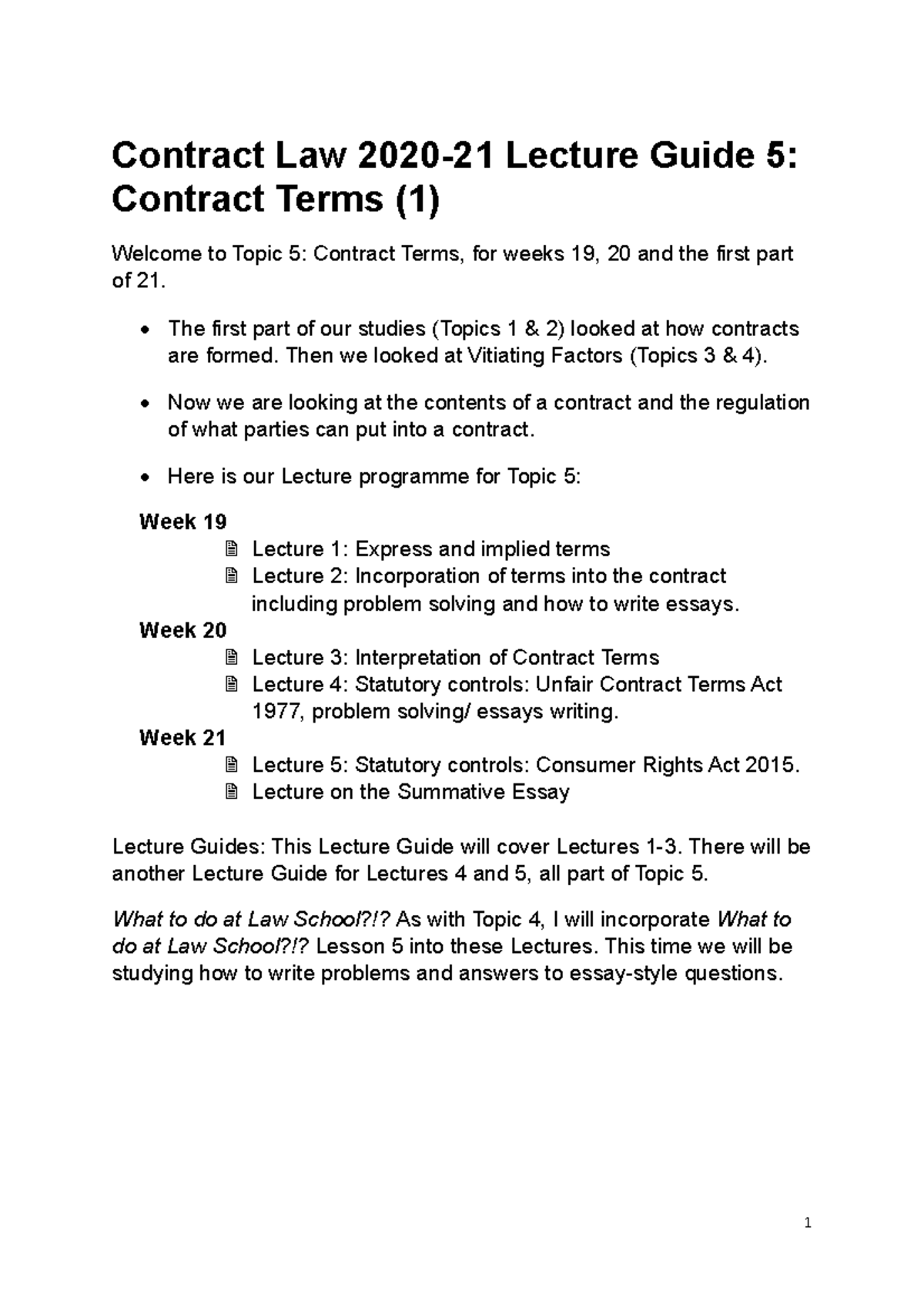 0000 Contract Law 2020-21 Contract Terms Lecture Guide - Contract Law ...