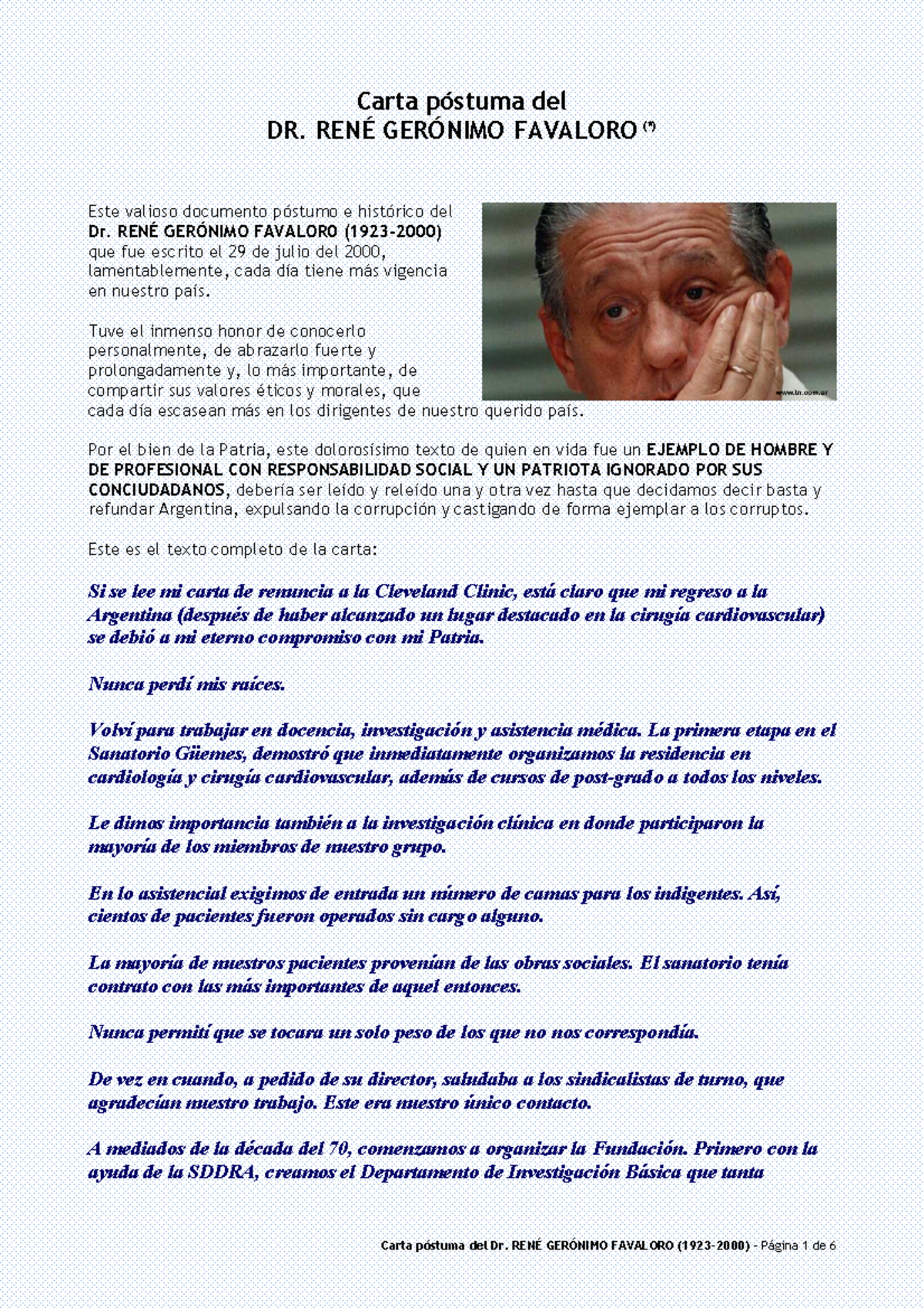 Doctor RENE Favaloro. Carta Postuma - Carta póstuma del DR. RENÉ ...