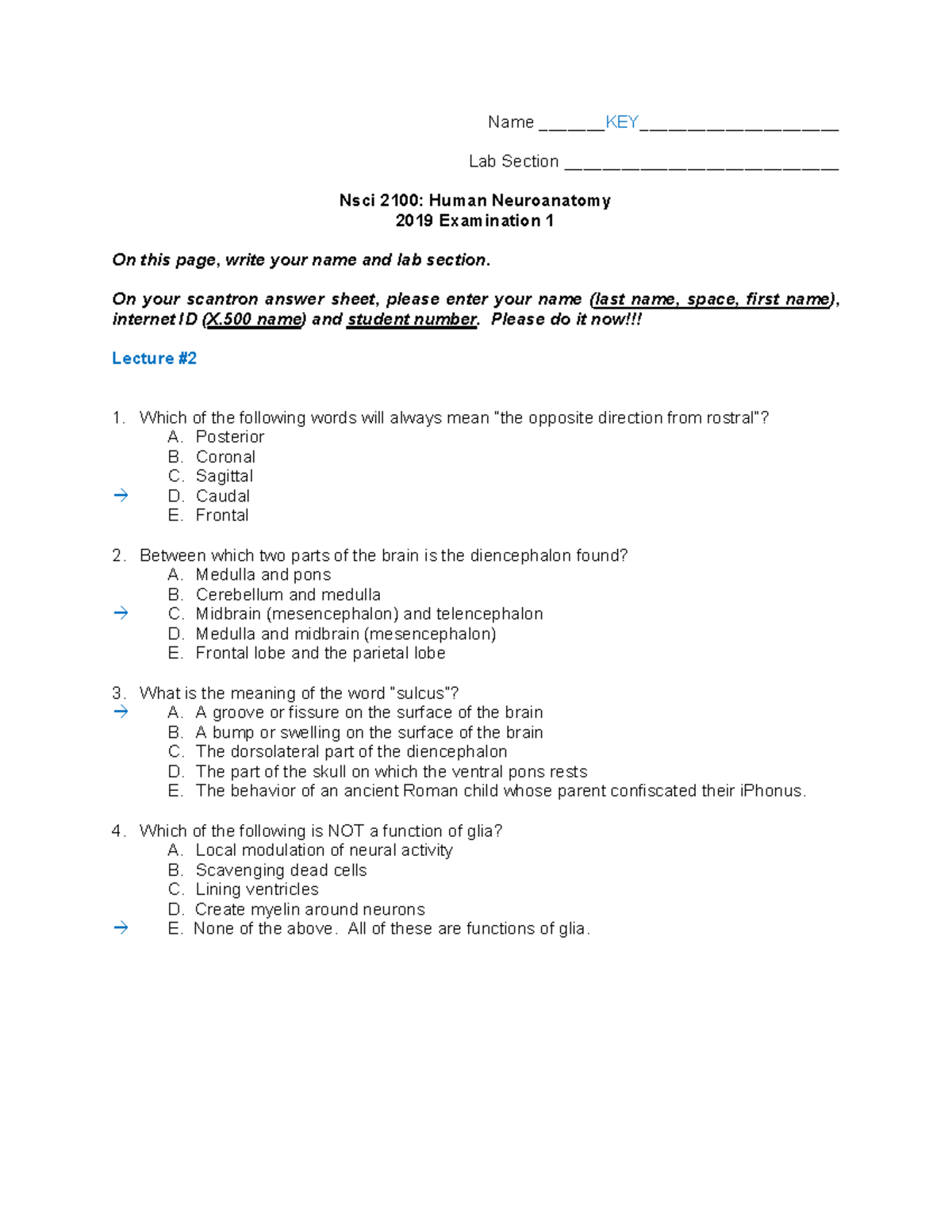 KEY-> Exam 1-practice exam - Name KEY______________ Lab Section