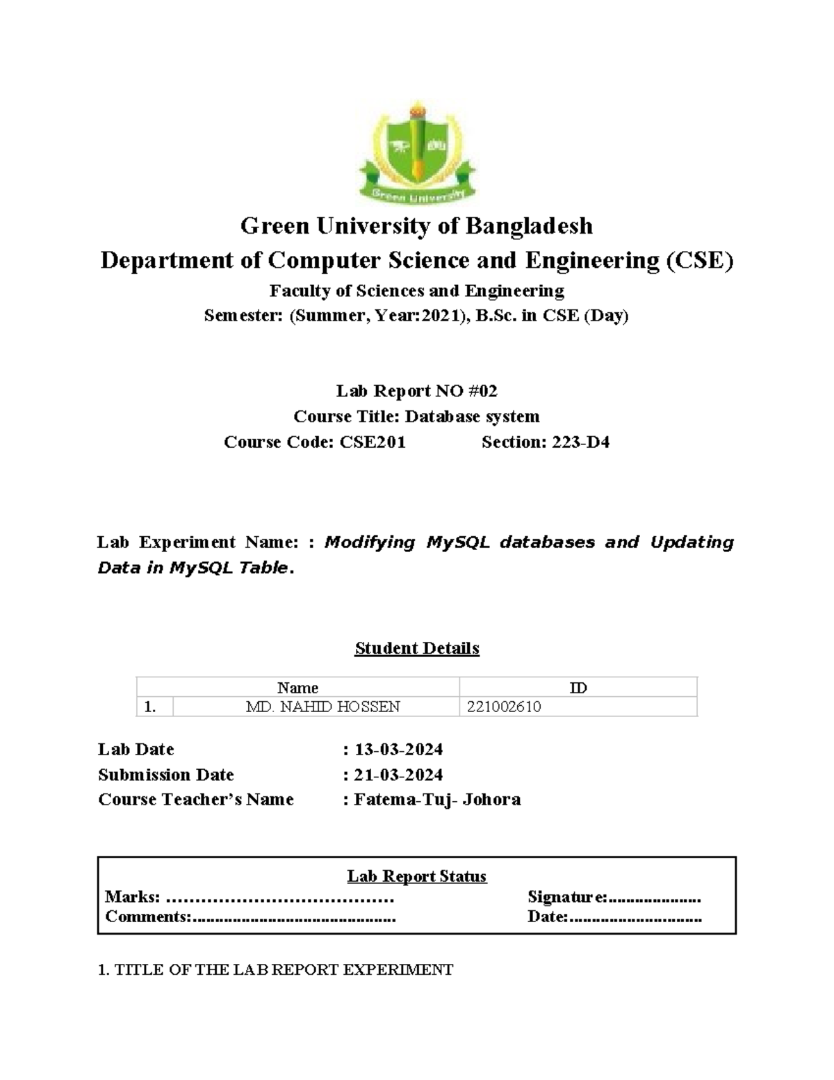 Lab# - this is an practice - Green University of Bangladesh Department ...