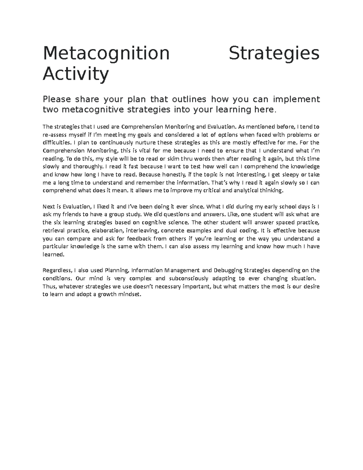 Discussion Metacognition Strategies Activity - Metacognition Strategies ...