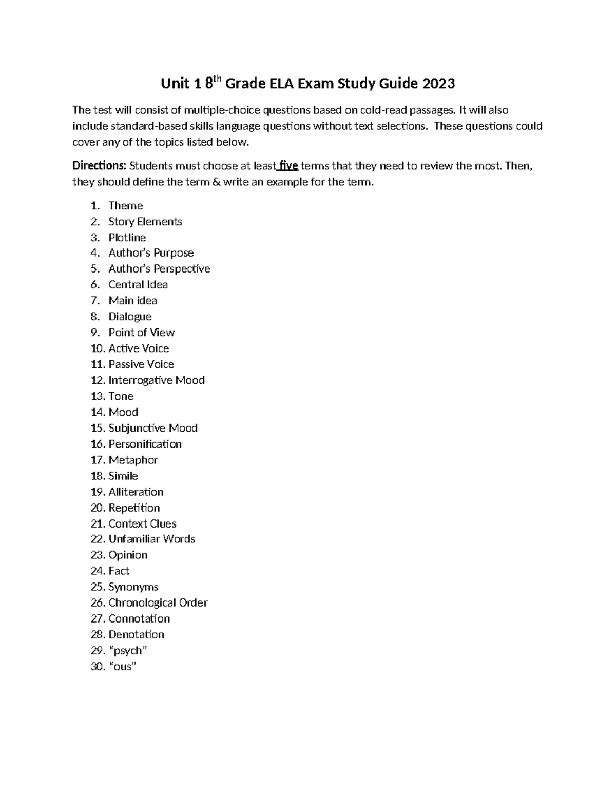 Abiel Unit 1 ELA Study Guide - Unit 1 8 th Grade ELA Exam Study Guide ...