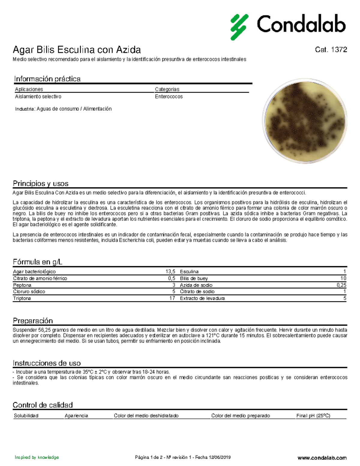 Agar Bilis Esculina Azida - Agar Bilis Esculina con Azida Cat. 1372 ...