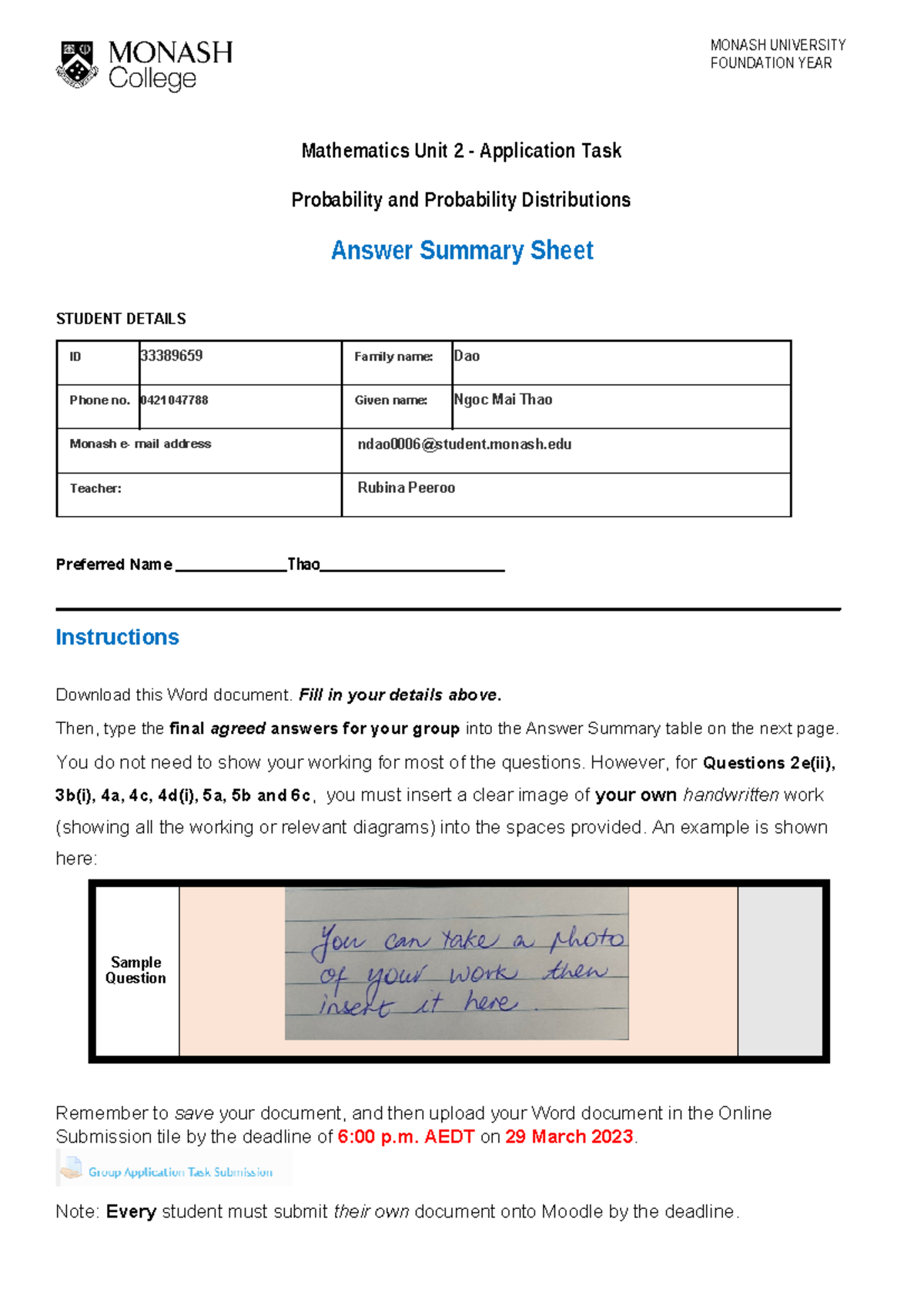 Group Task - FOUNDATION YEAR Mathematics Unit 2 - Application Task ...