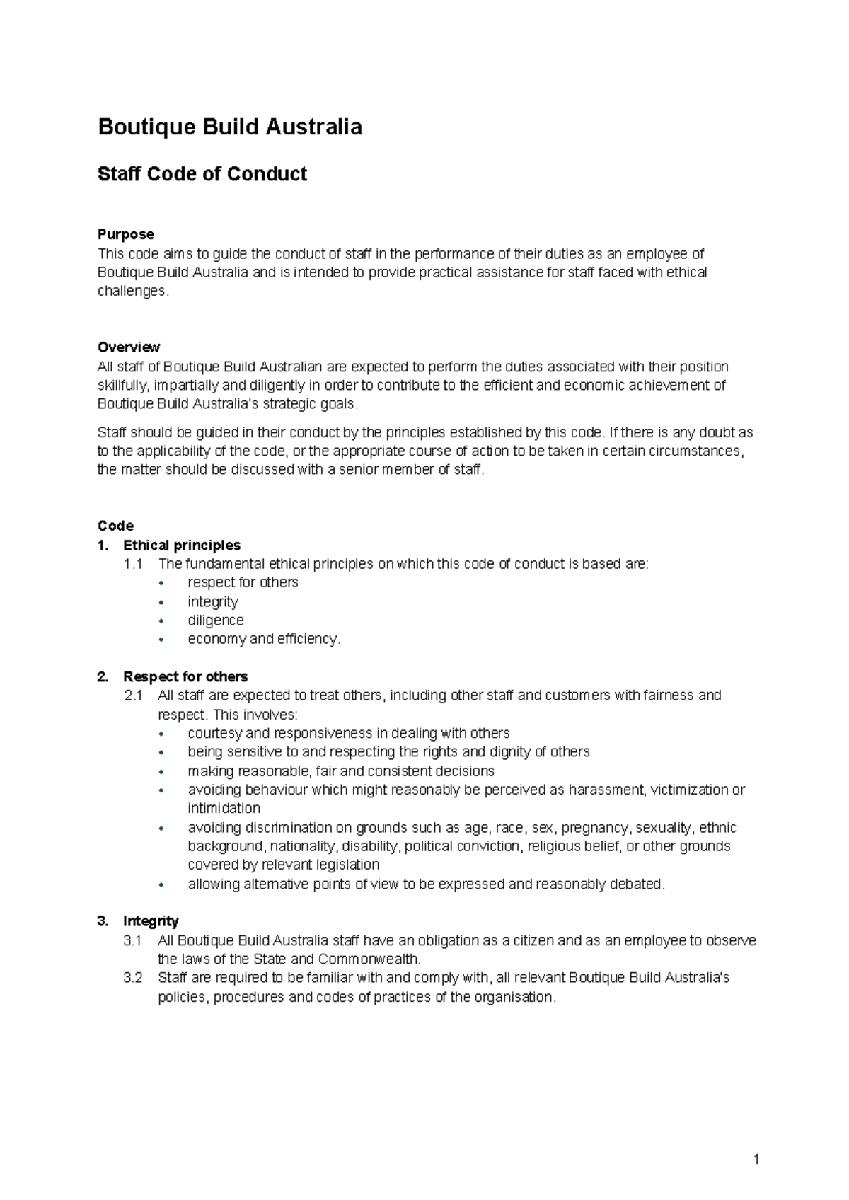 Staff Code of Conduct - not im - Boutique Build Australia Staff Code of ...