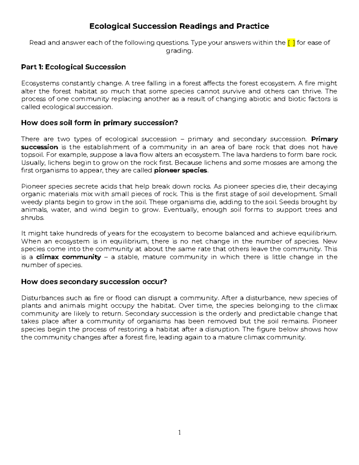 Succession Practice - Ecological Succession Readings and Practice Read ...