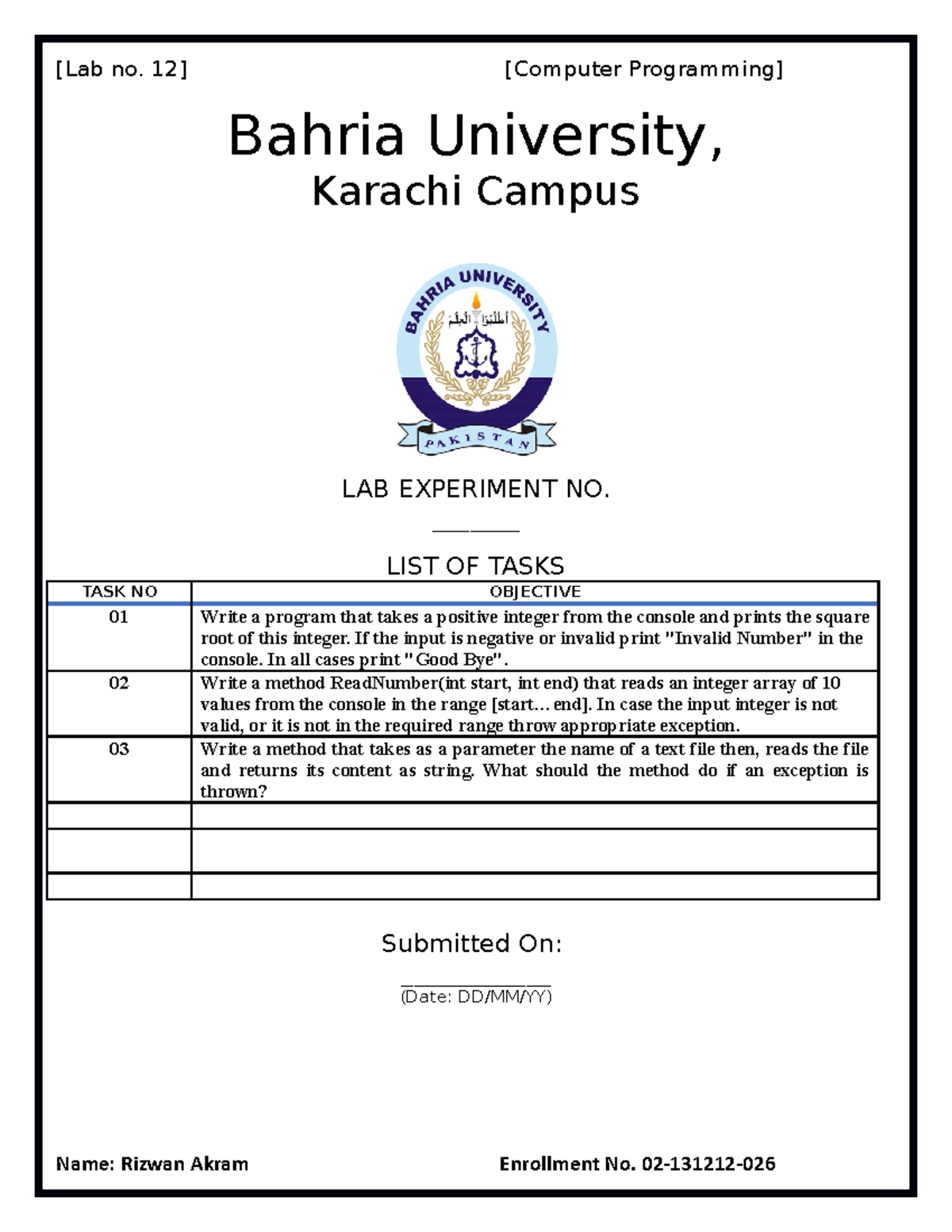 Computer Programming Task 12 Bahira Uni - Bahria University, Karachi ...