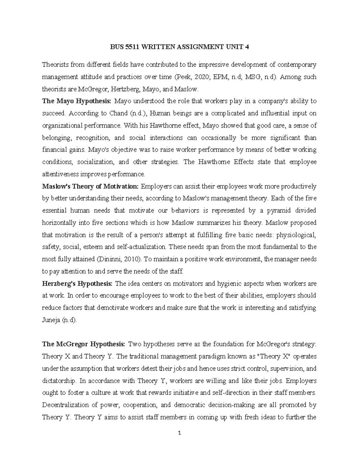 5511 Written Assignment UNIT 4 - BUS 5511 WRITTEN ASSIGNMENT UNIT 4 Theorists from different ...