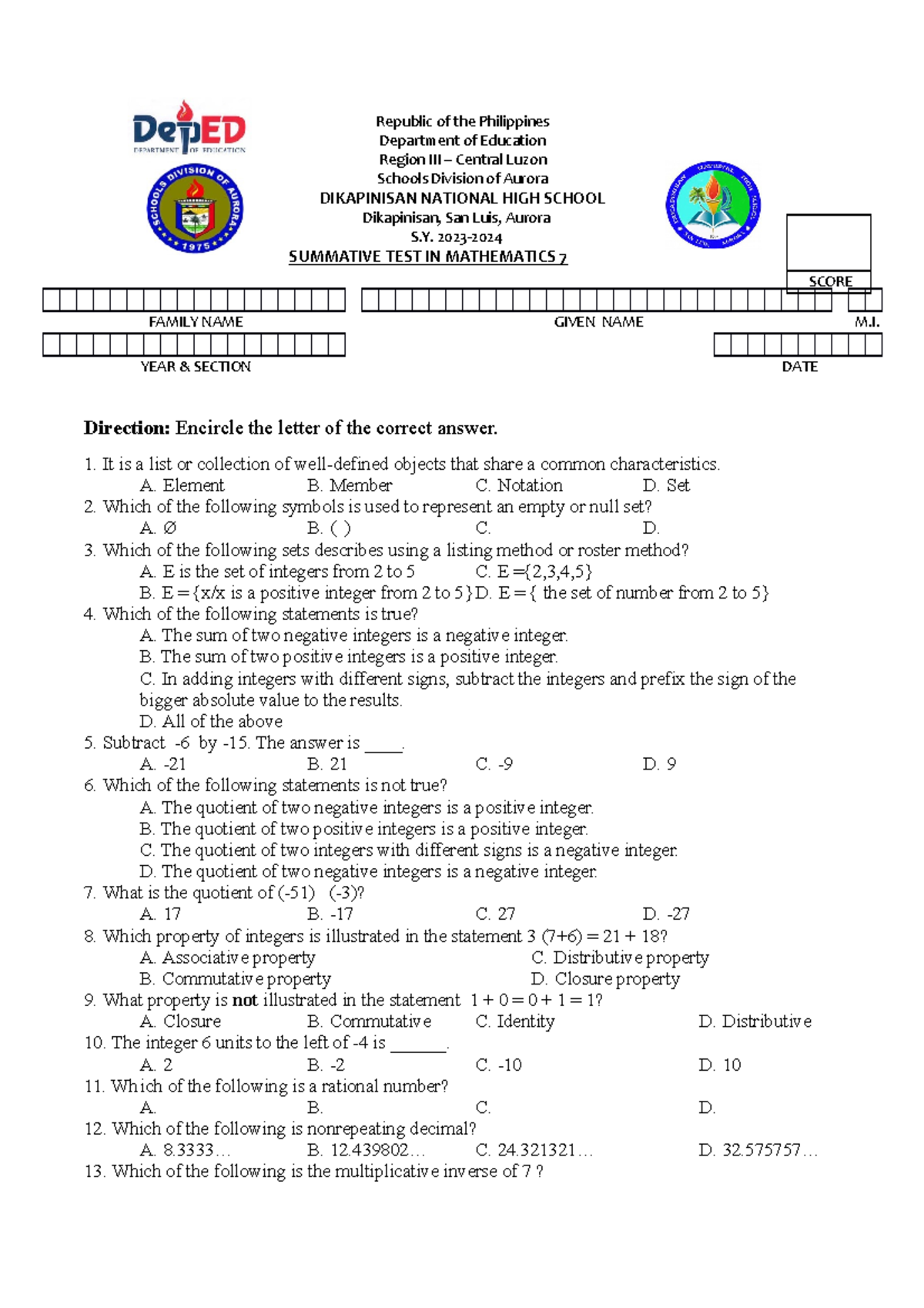 Q1-MATH 7 exam - examination - Republic of the Philippines Department ...