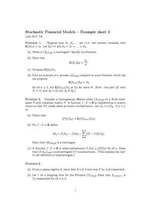 Stochastic Financial Models 2016-2017 Example Sheet 3 - Stochastic ...