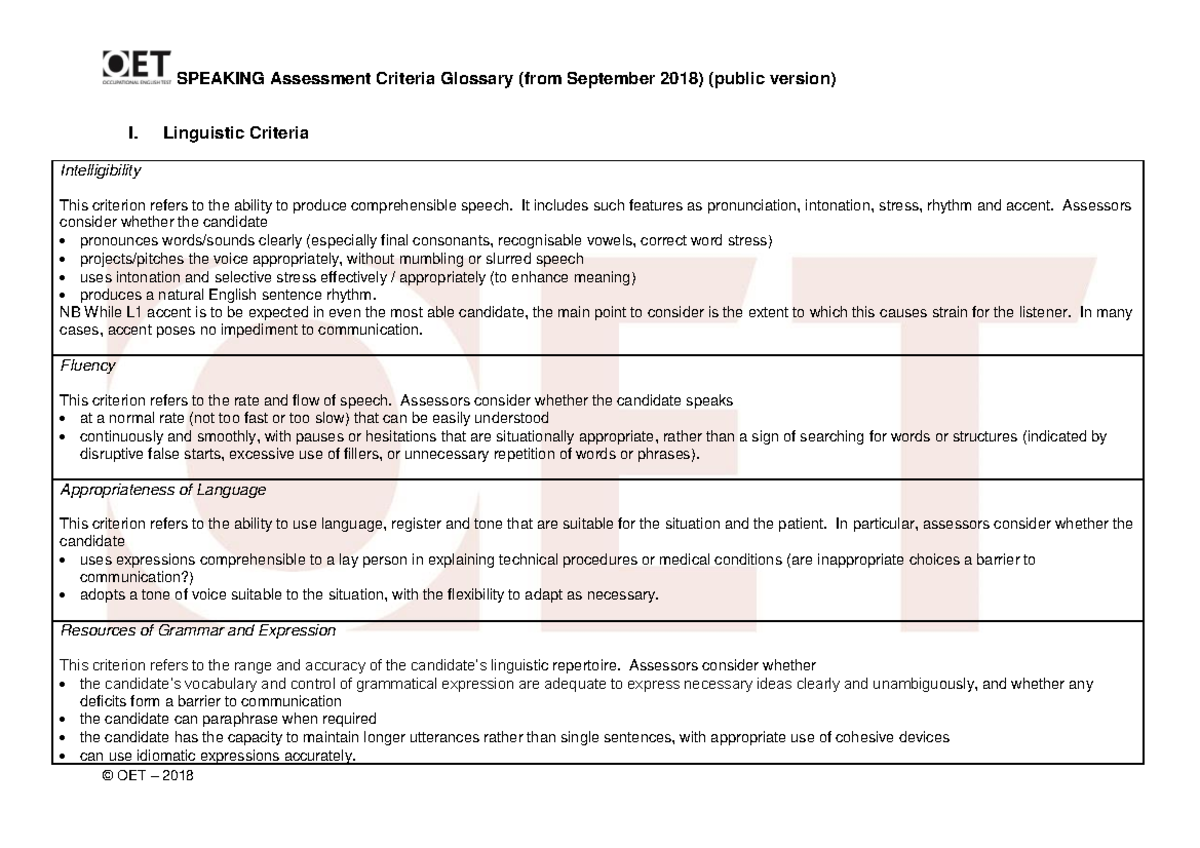 Speaking checklist glossary updated speaking 2018 - SPEAKING Assessment ...