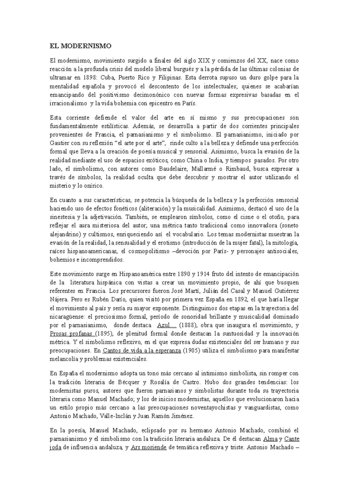 EL Modernismo. Segundo de bachillerato. Ebau - Lengua - UM - Studocu