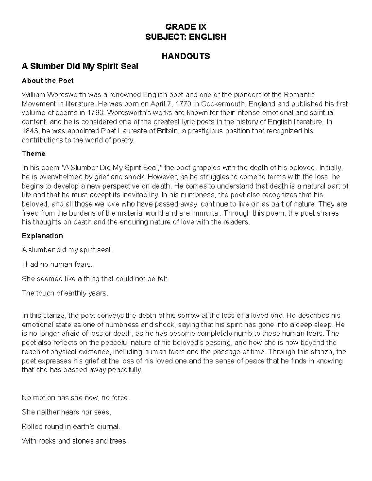 A Slumber Did My Spirit Seal - GRADE IX SUBJECT: ENGLISH HANDOUTS A ...