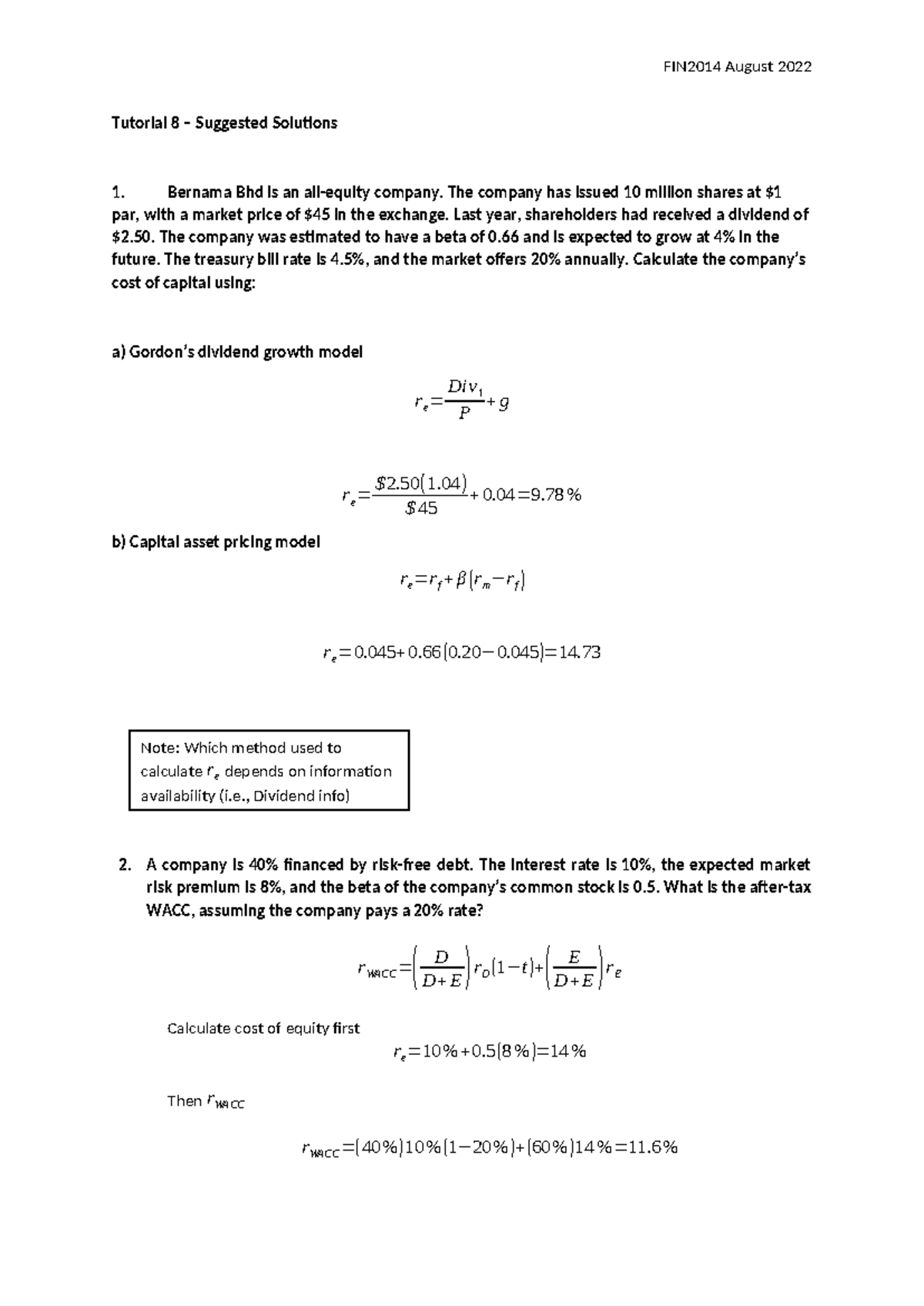 FIN2014 Tutorial 8 Solutions - Tutorial 8 – Suggested Solutions Bernama ...