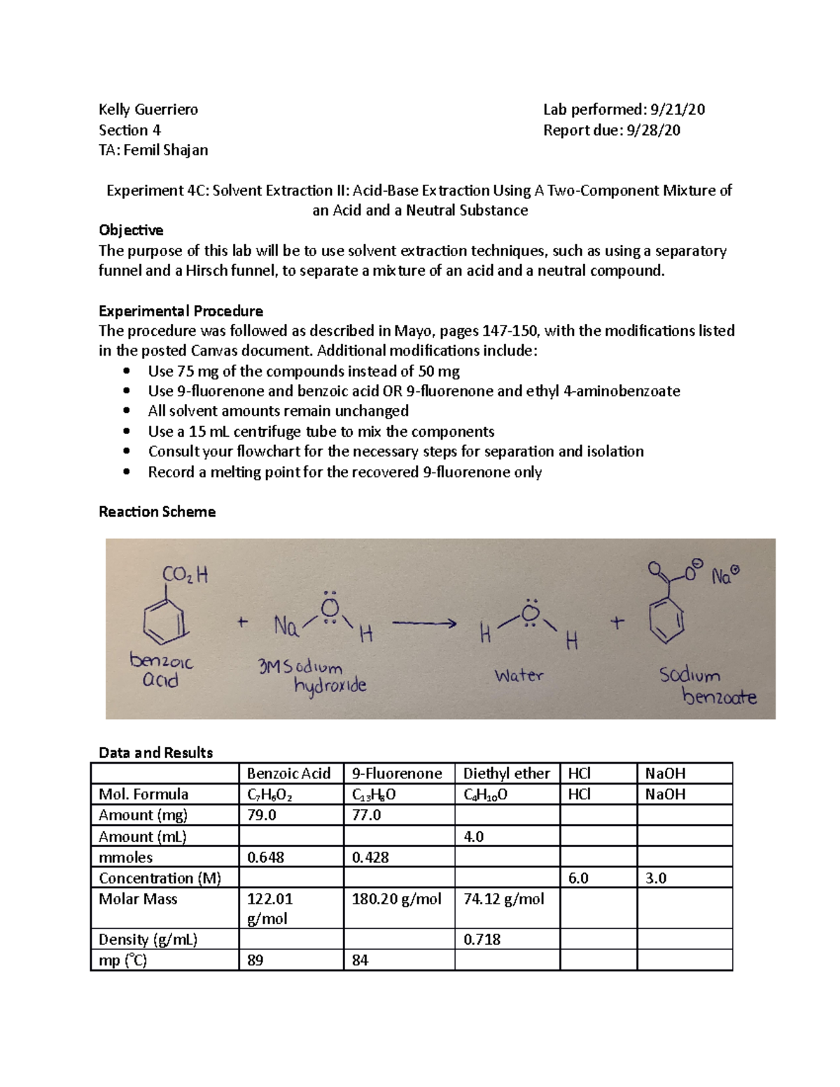 Expt 4C Solvent Extraction II - Kelly Guerriero Lab performed: 9/21/ Section 4 Report due: 9/28 ...