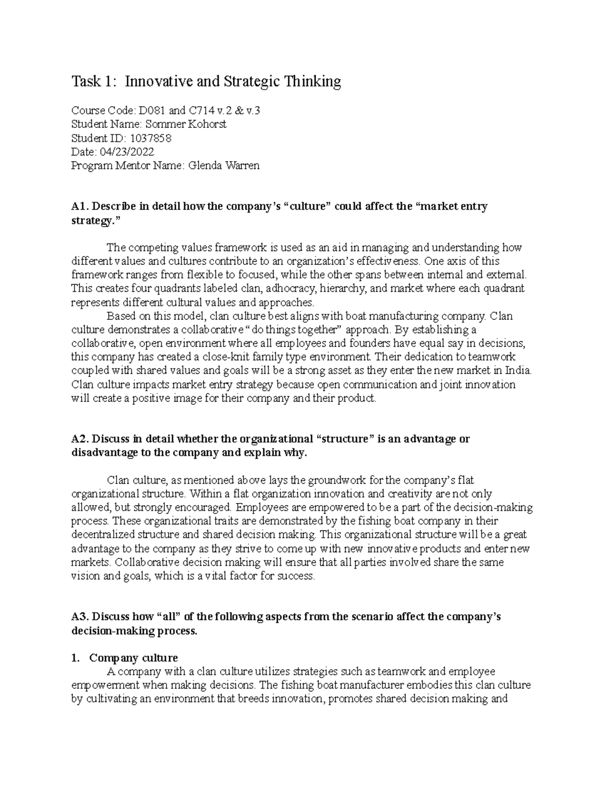 C714 Task1 - Task 1: Innovative and Strategic Thinking Course Code ...