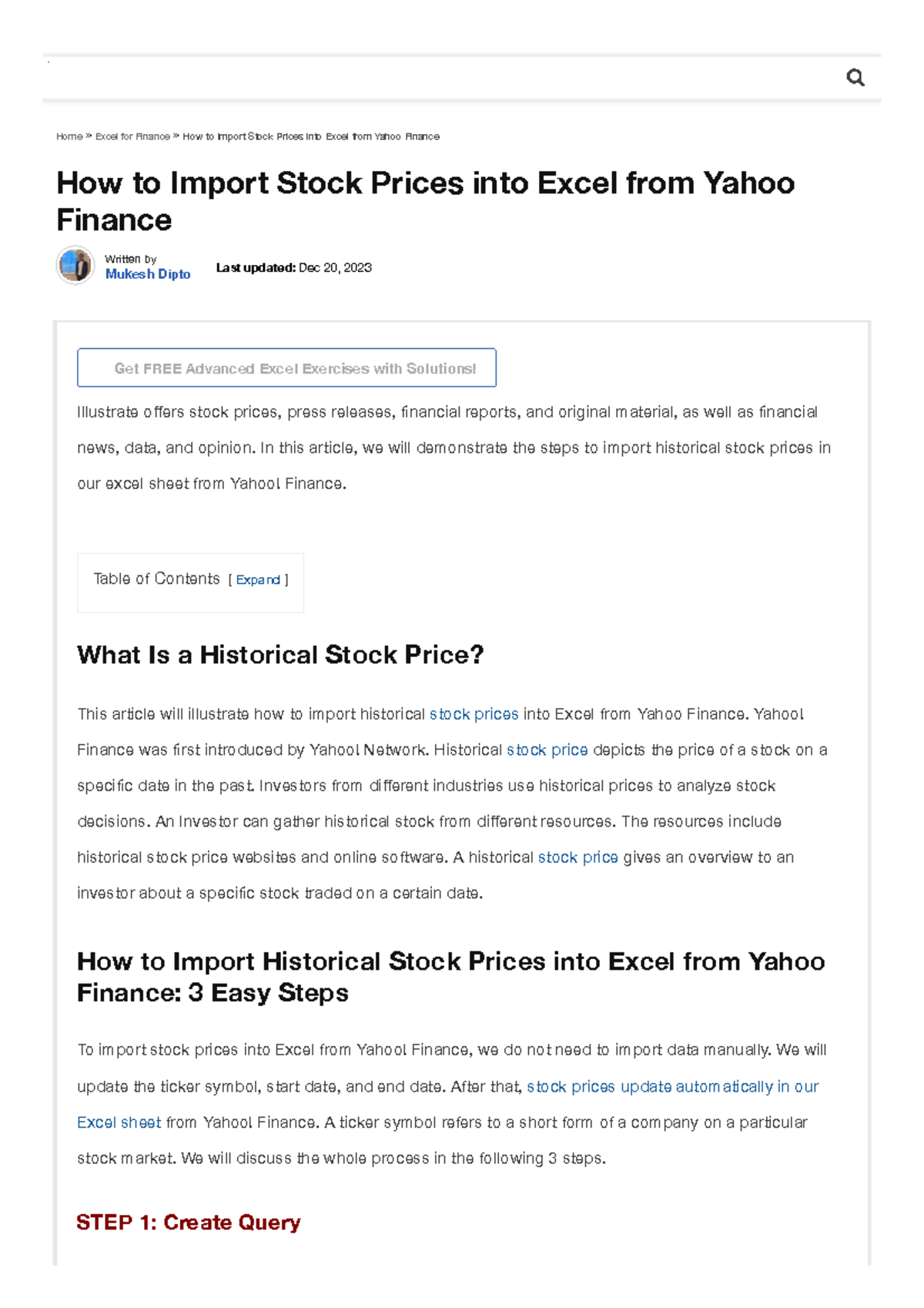 How to Import Stock Prices into Excel from Yahoo Finance - Excel Demy - Home » Excel for Finance ...