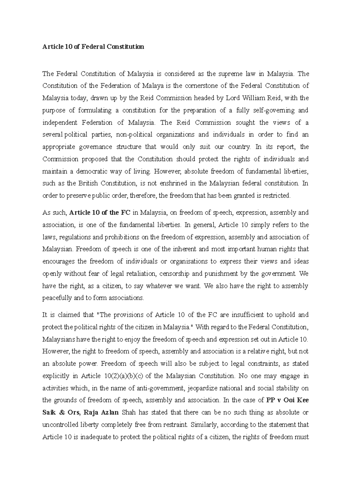 Article 10 of Federal Constitution tutorial work - Article 10 of ...