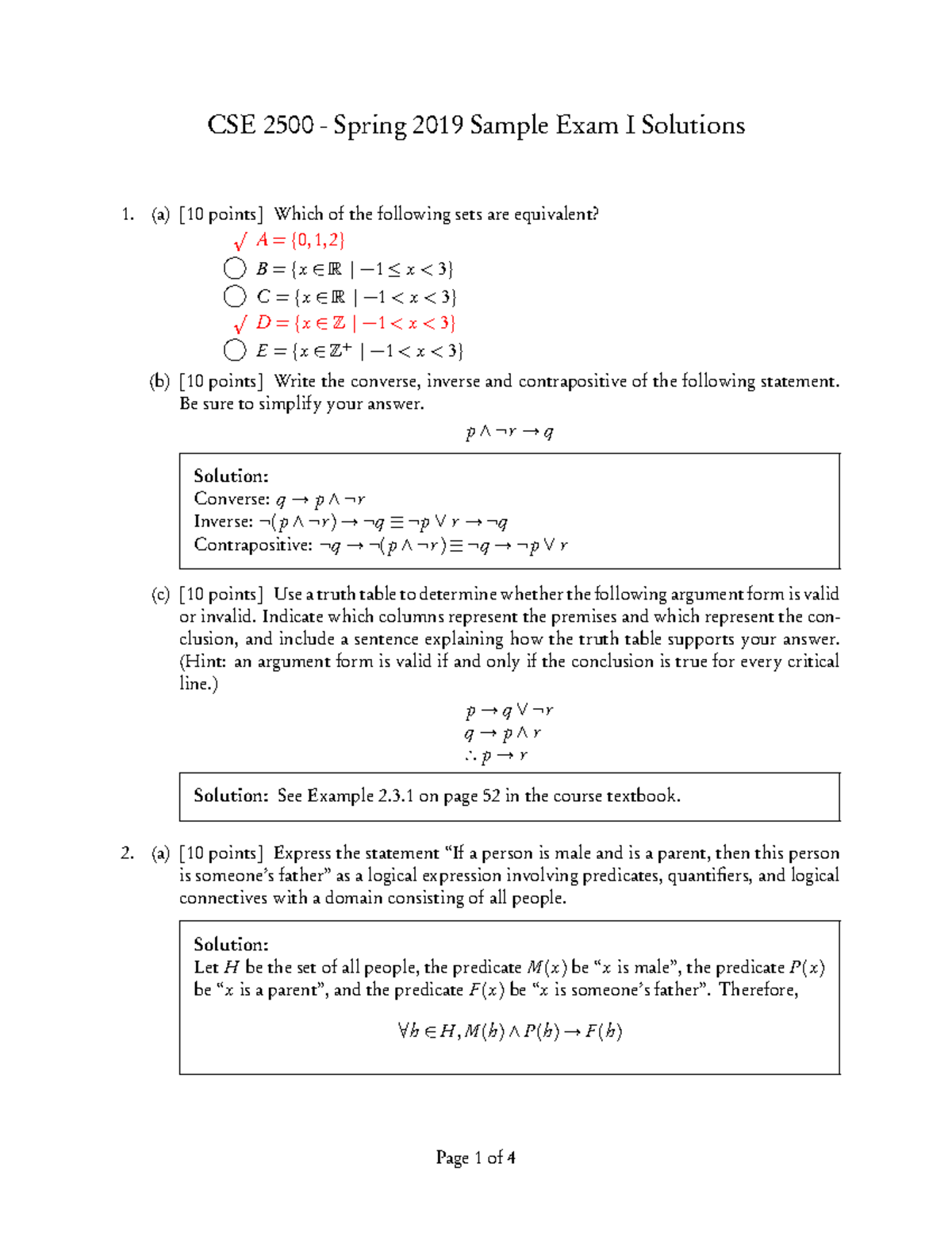 CSE 2500 exam 1 - Exam 1 sample problems and solutions - CSE 2500 - Spring 2019 Sample Exam I ...