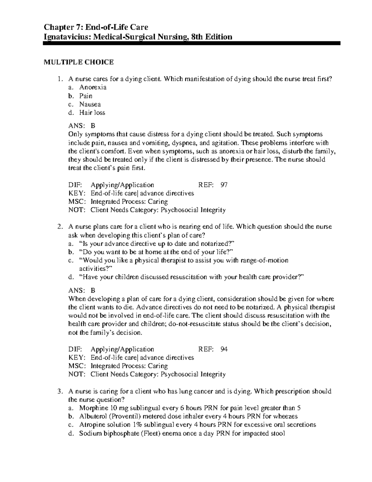 C7 - n/a - Chapter 7: End-of-Life Care Ignatavicius: Medical-Surgical ...