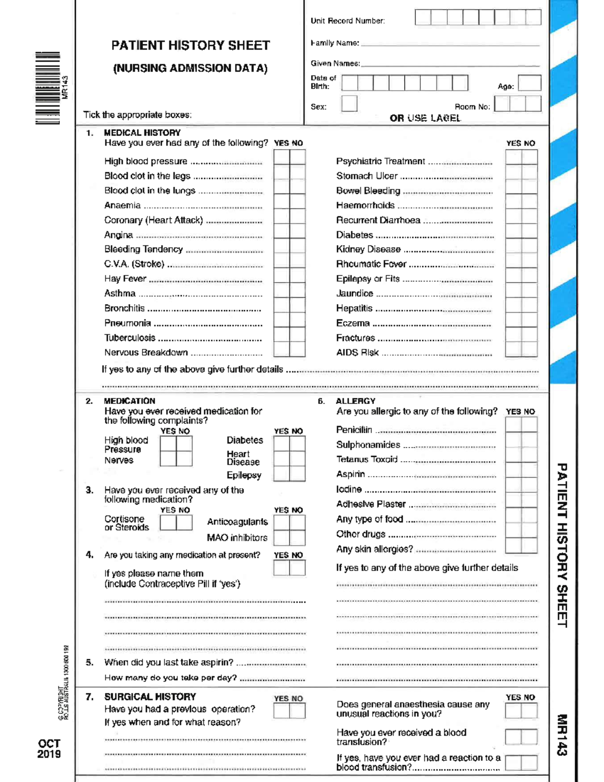 Patient History ( Nursing Admission data) - Unit Record Number: PATIENT ...