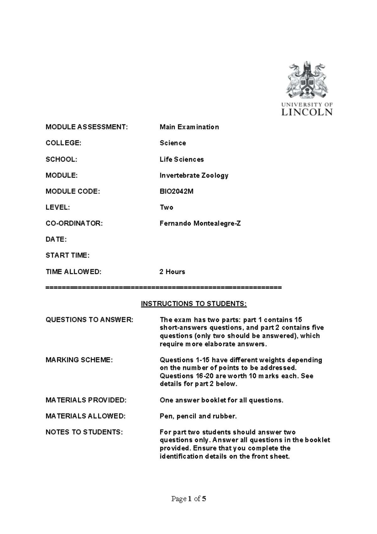 Invertebrate Zoology Test - MODULE ASSESSMENT: Main Examination COLLEGE ...