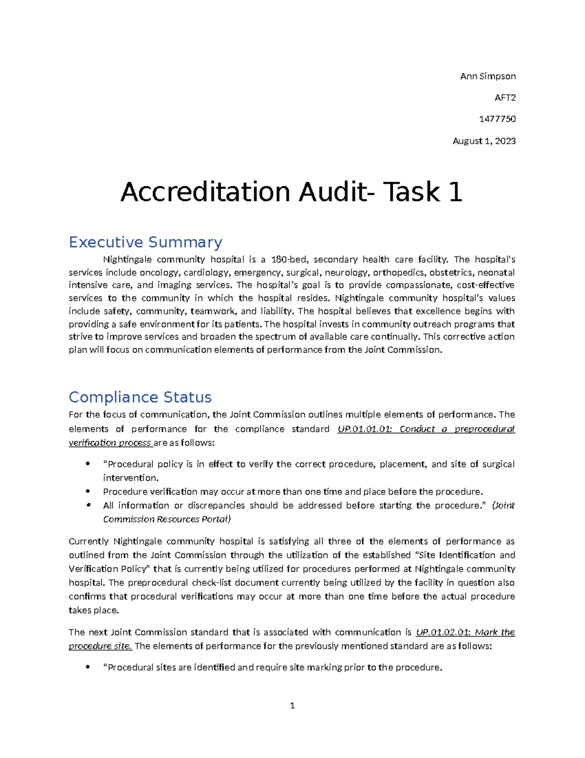 AFT2 Task 1 v3 - Task 1. Passed - Ann Simpson AFT 1477750 August 1 ...