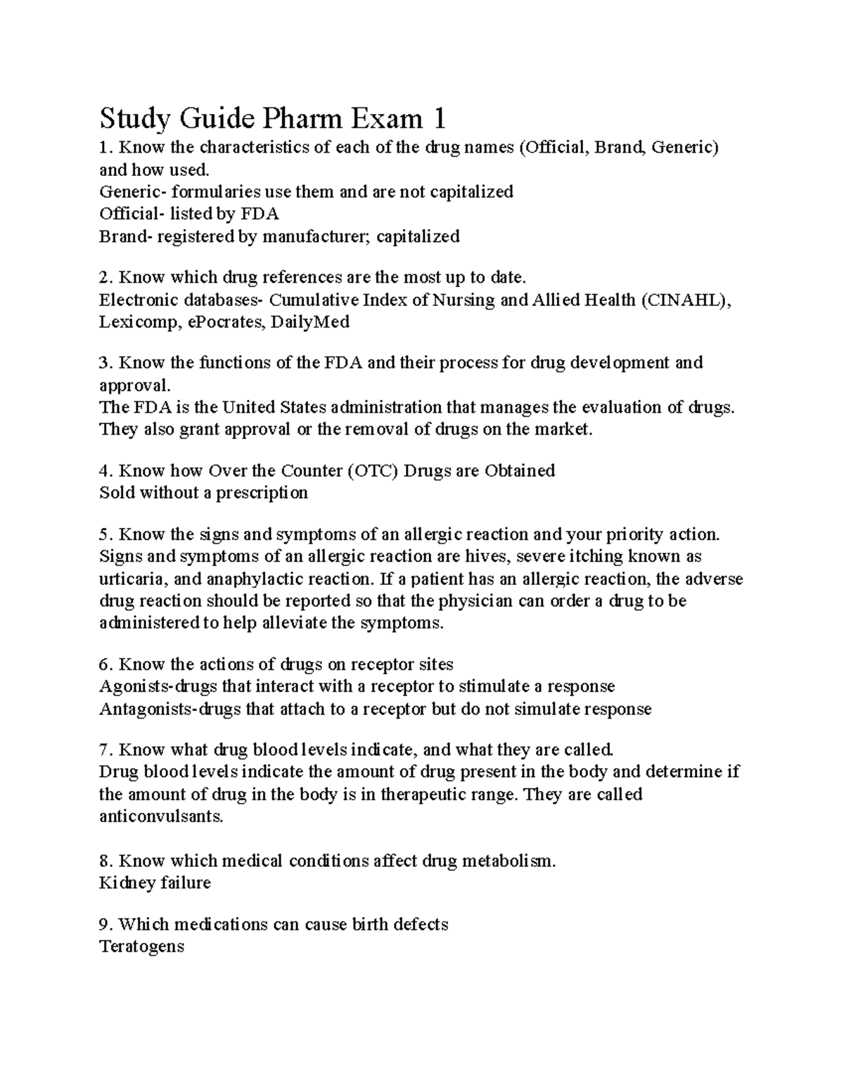 Pharmacology Study Guide Exam 1 - Study Guide Pharm Exam 1 Know the ...