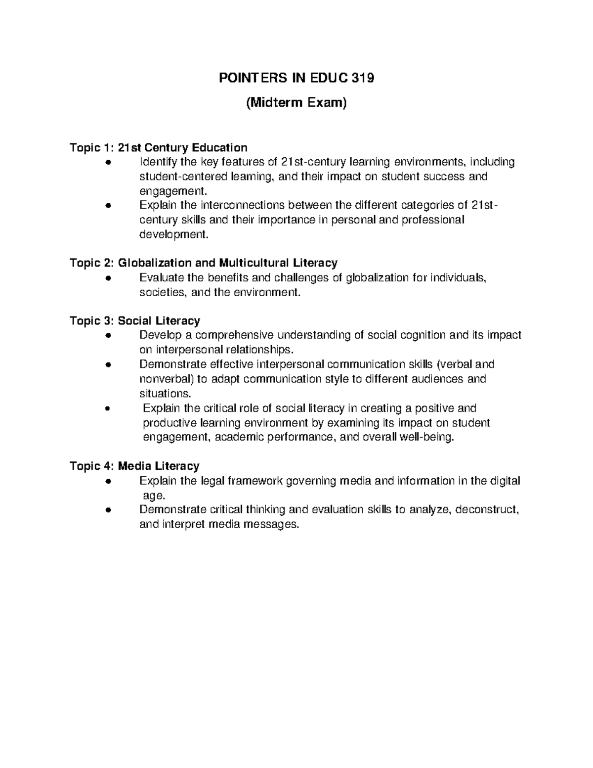 Pointers IN EDUC 319 Midterm Exam - POINTERS IN EDUC 3 19 (Midterm Exam) Topic 1: 21st Century ...