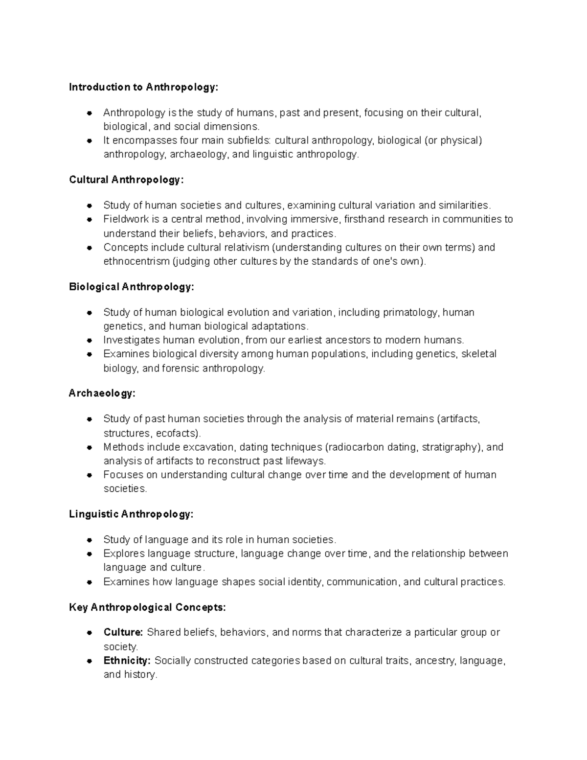 ANTH 100 - concept summary - Introduction to Anthropology: Anthropology is the study of humans ...