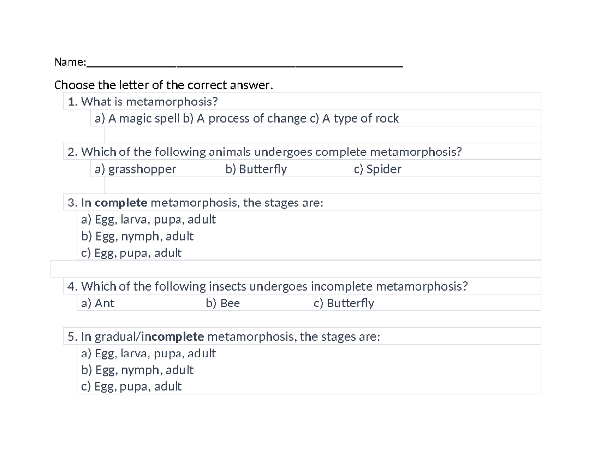 Activtiy Metamorphosis - Name ...