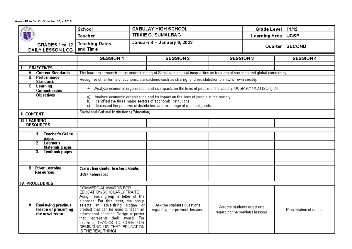 Week 16 - adssadad - Annex 1B to DepEd Order No. 42, s. 2016 GRADES 1 ...