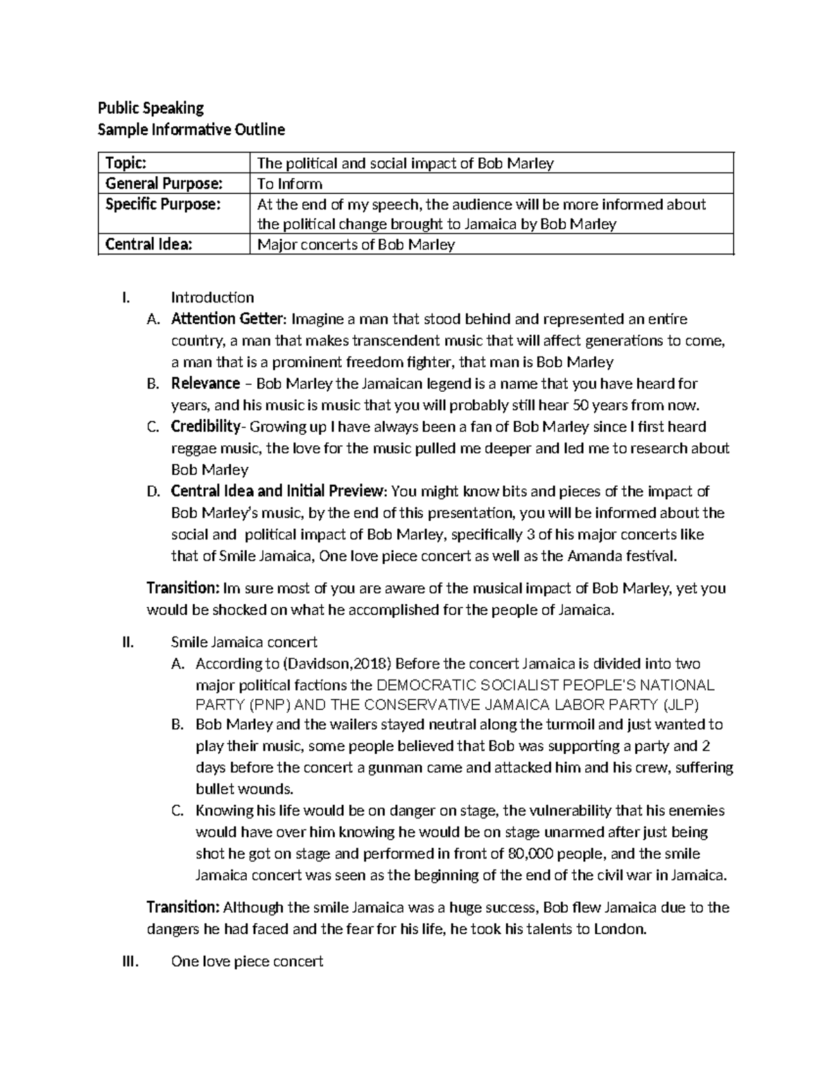 Informative outline Bob Marley - Public Speaking Sample Informative ...
