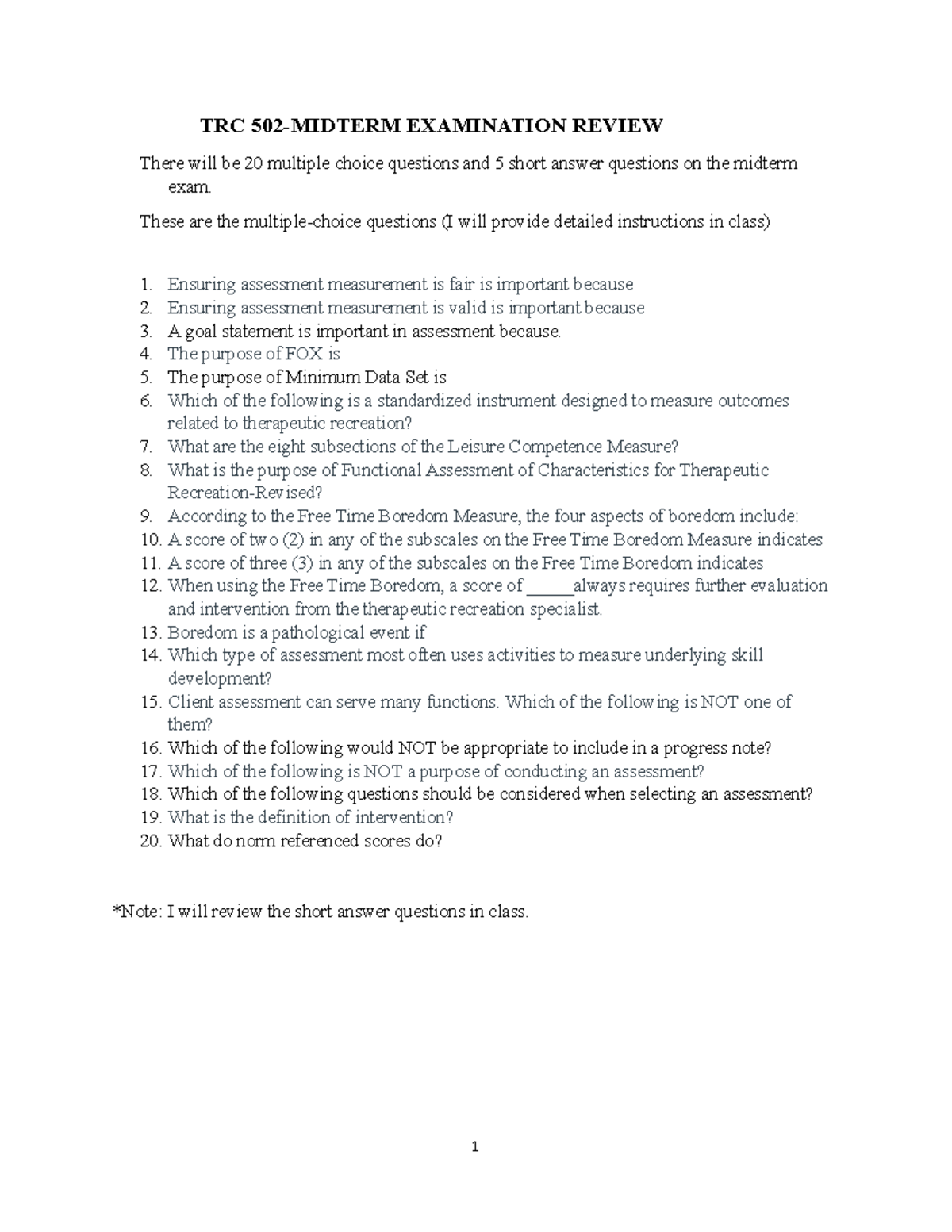 Midterm Exam Review 18 October 2018, questions and answers - TRC 502 ...