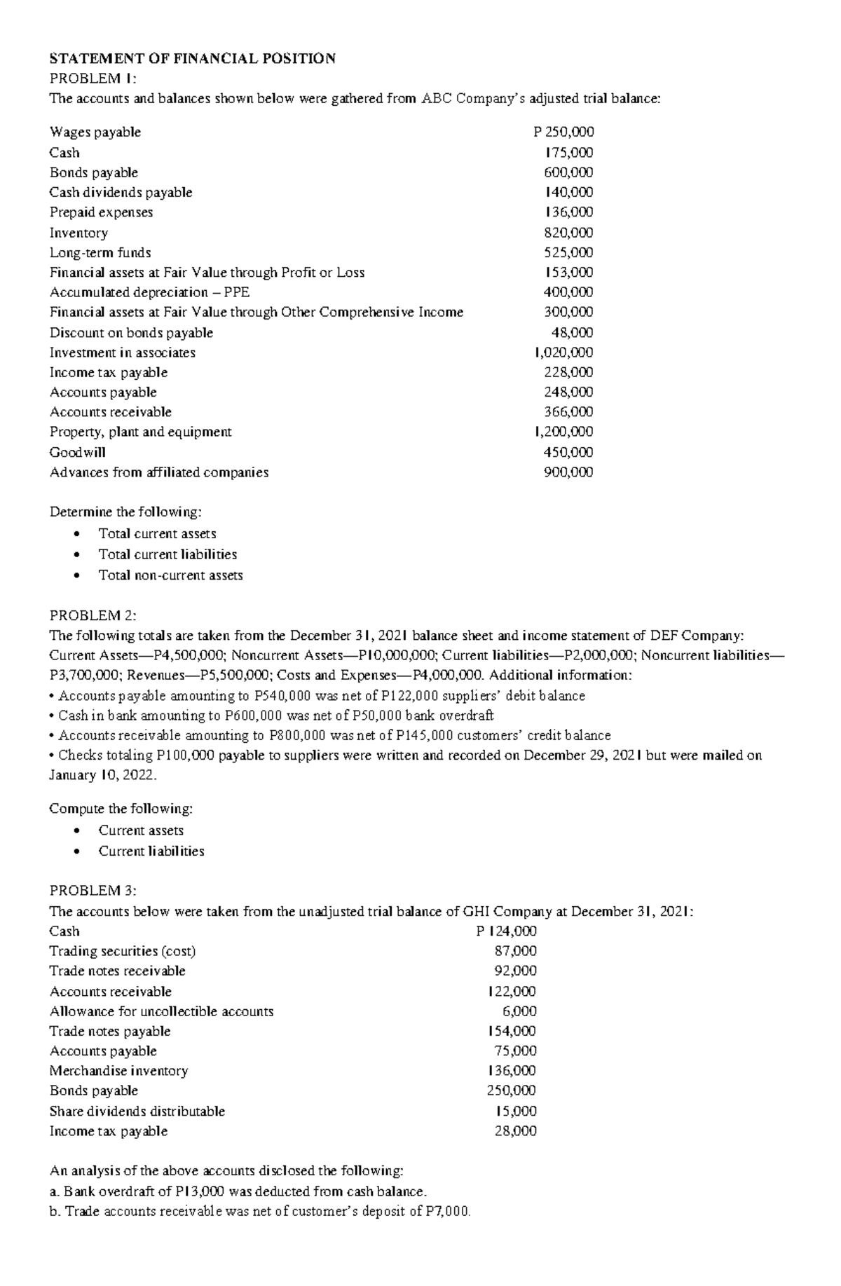 Handout-1 - notes - STATEMENT OF FINANCIAL POSITION PROBLEM 1: The ...