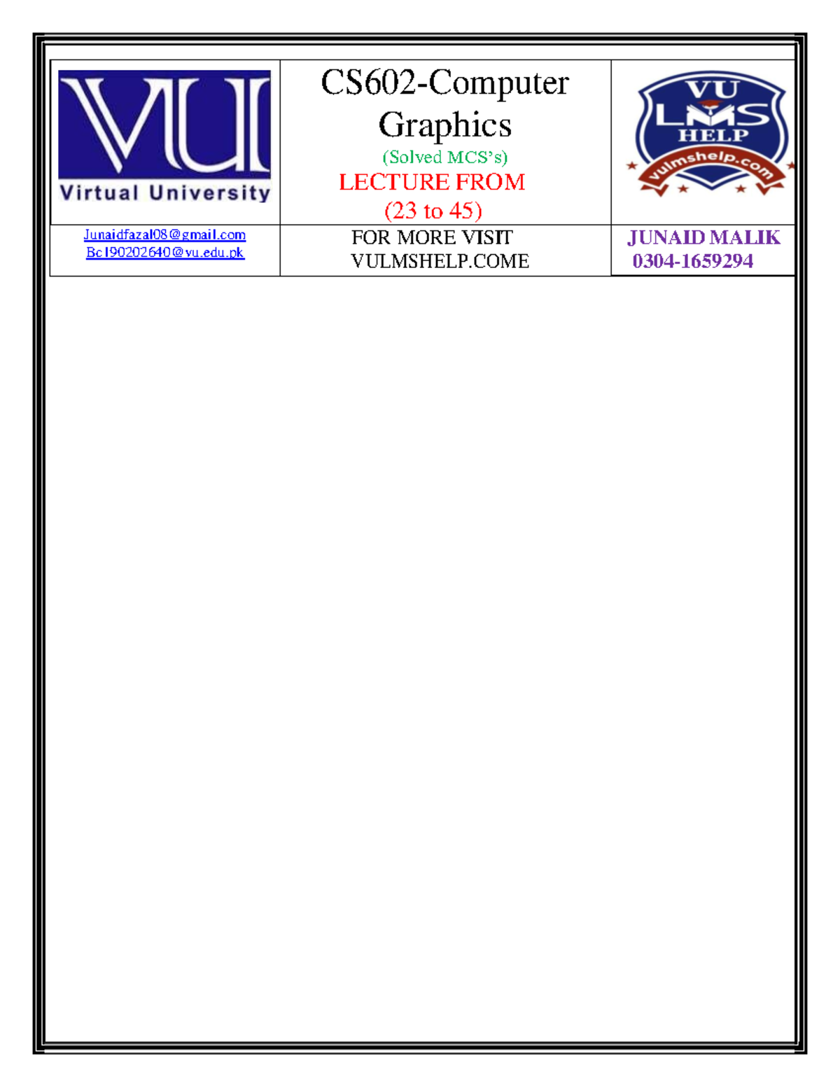 CS602 Solved MCQs Final TERM BY Junaid - JUNAID MALIK 0304 - 1659294 FOR MORE VISIT VULMSHELP ...