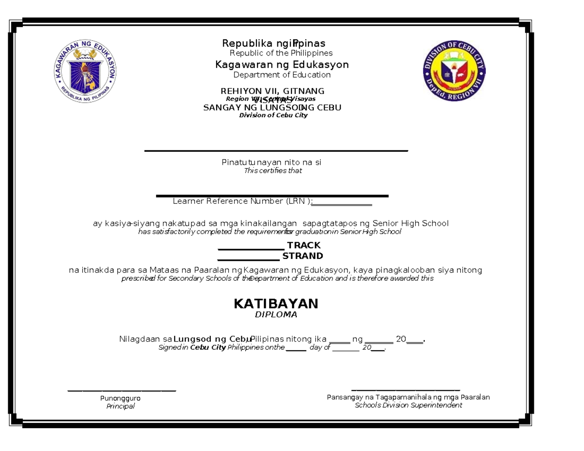 Senior High Certificate - REHIYON VII, GITNANG Region VII, Central ...