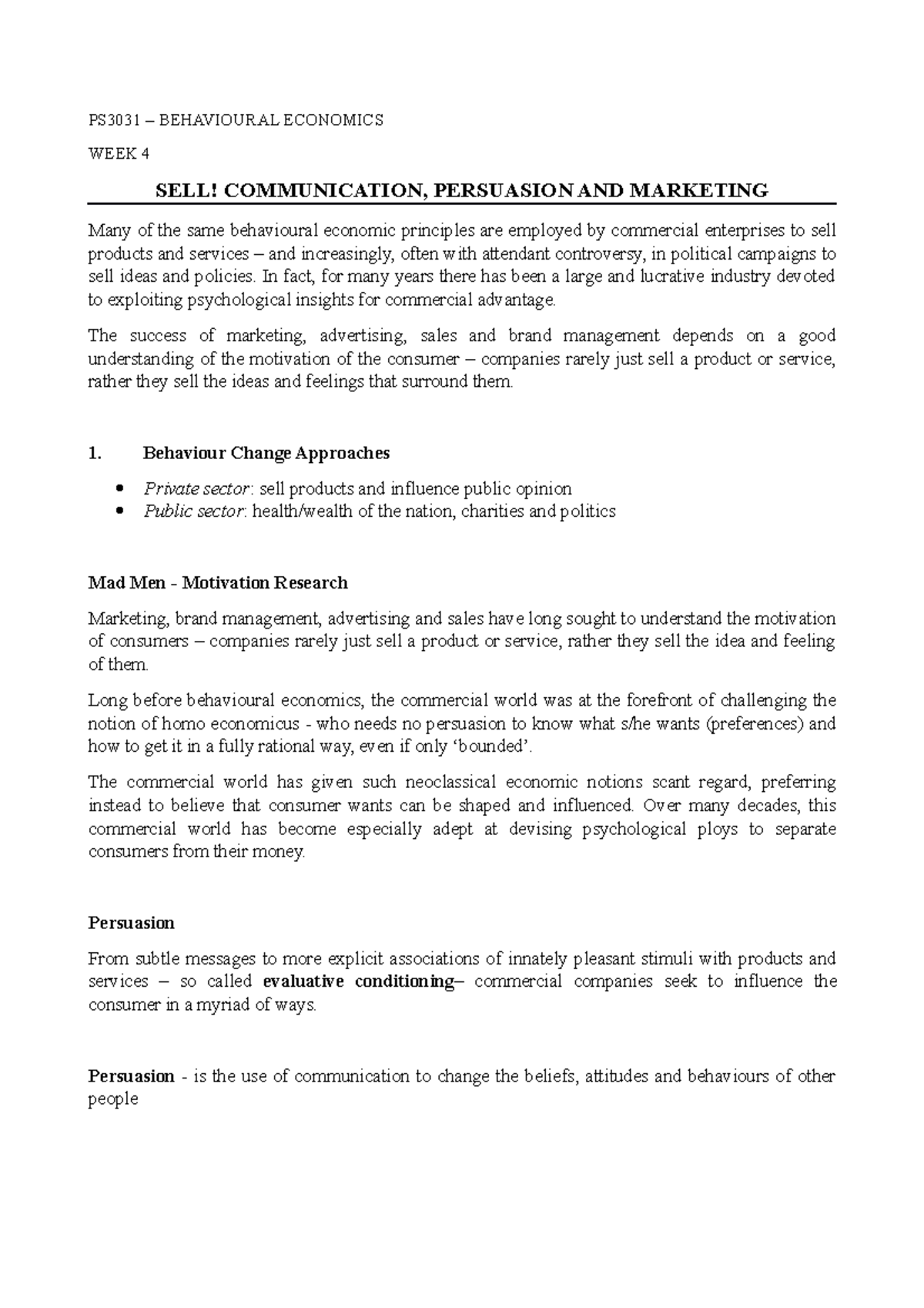 Persuasive Behaviour Ps3031 Behavioural Economics Week 4 Sell
