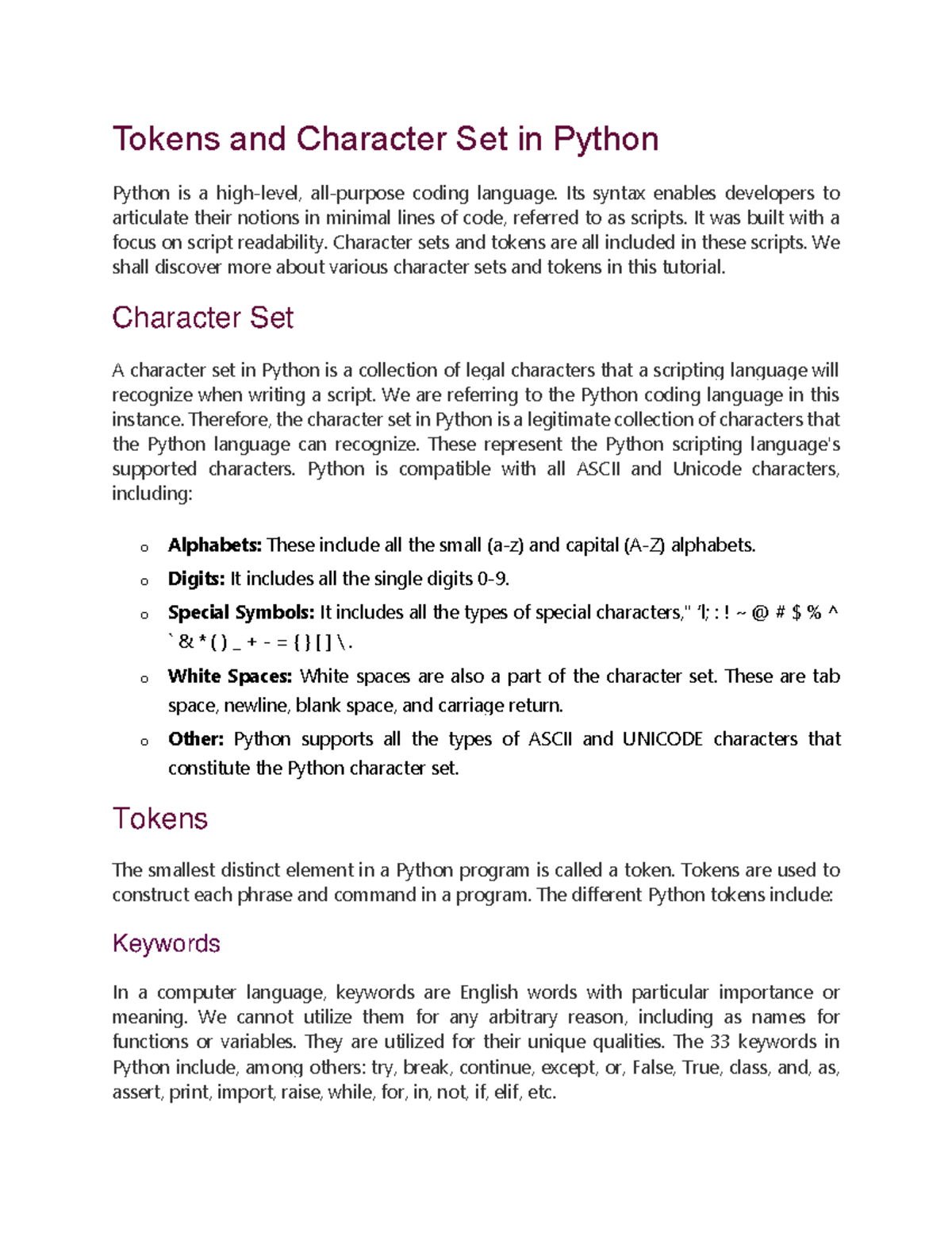 Module 2 - Nice - Tokens and Character Set in Python Python is a high ...