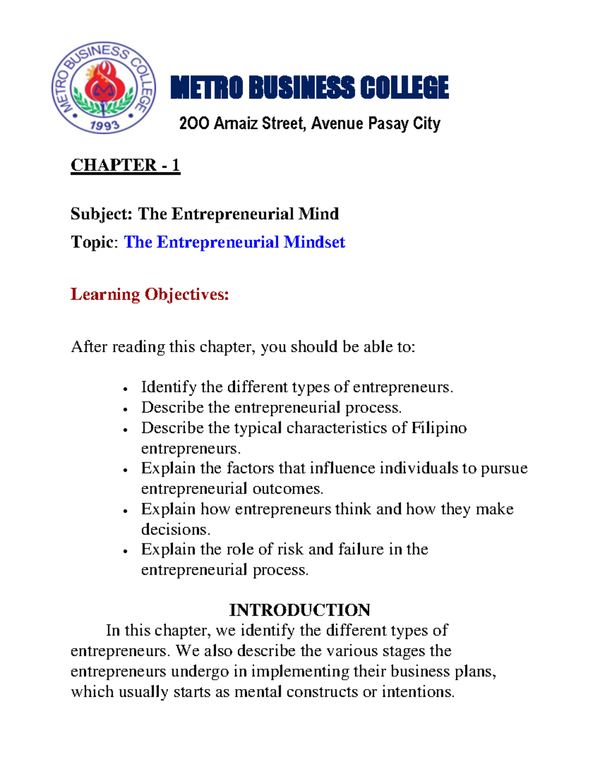Chapter-1 - lesson - METRO BUSINESS COLLEGE 2OO Arnaiz Street, Avenue ...