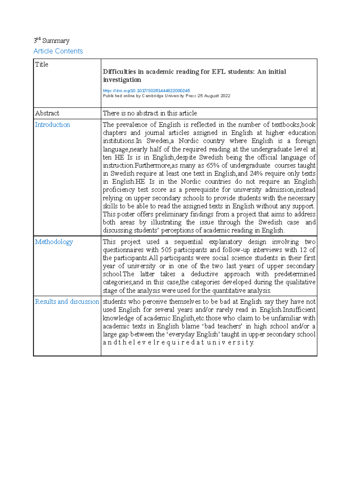 3rd Summary - 3 rd Summary Article Contents Title Difficulties in ...