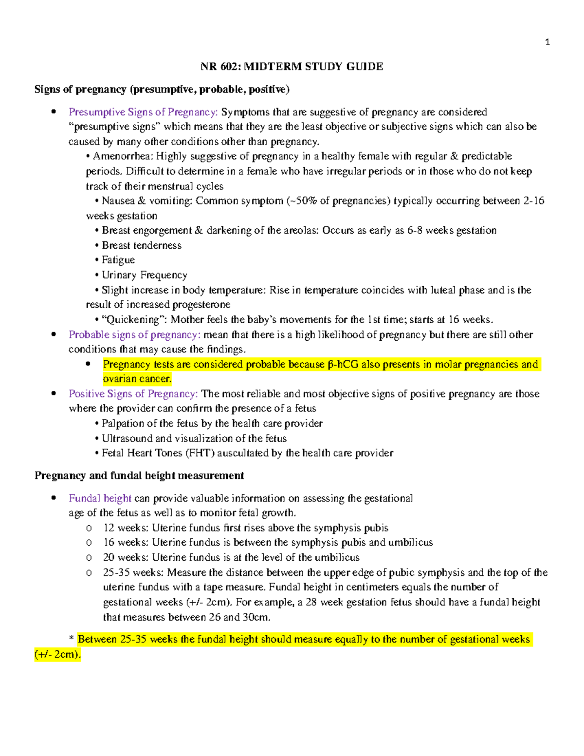 Signs of Pregnancy: Presumptive Probable Positive - Studocu
