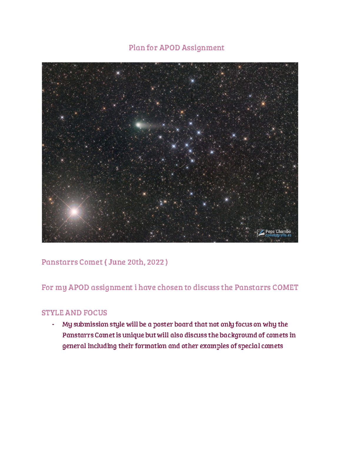 Plan for APOD Assignment - Plan for APOD Assignment Panstarrs Comet ...