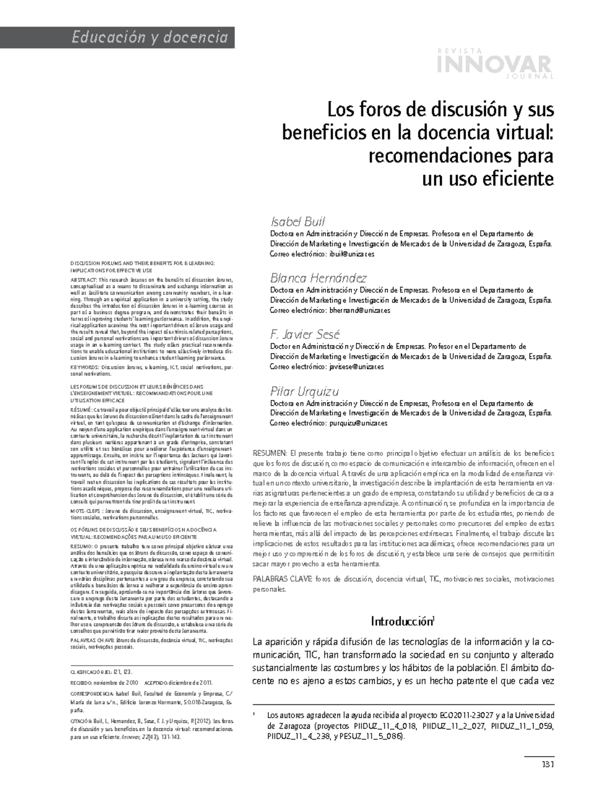 22n43a11 - nioo - 131 journal revista innovar 131 clasiFicación jel ...