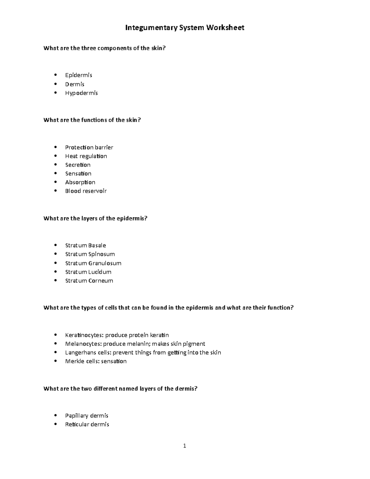Integumentary System Worksheet - Basal cell carcinoma: most common ...